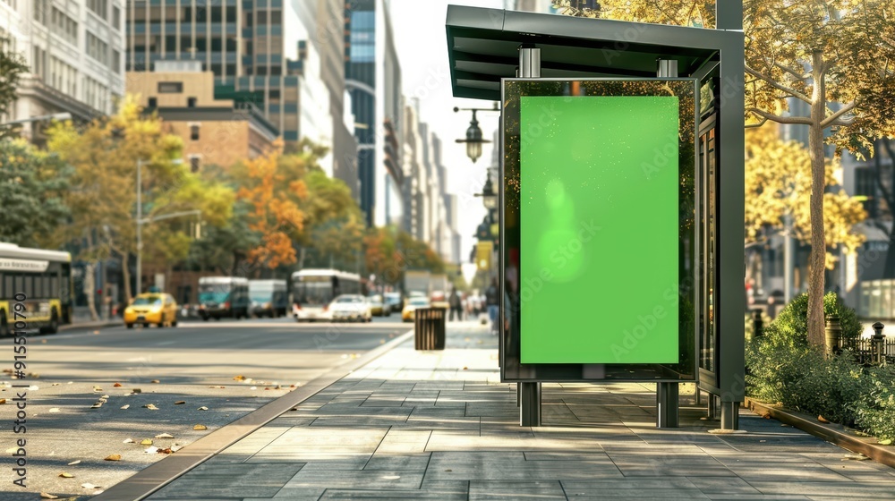 Bus stop in New York city with vertical digital OOH mockup with green ...