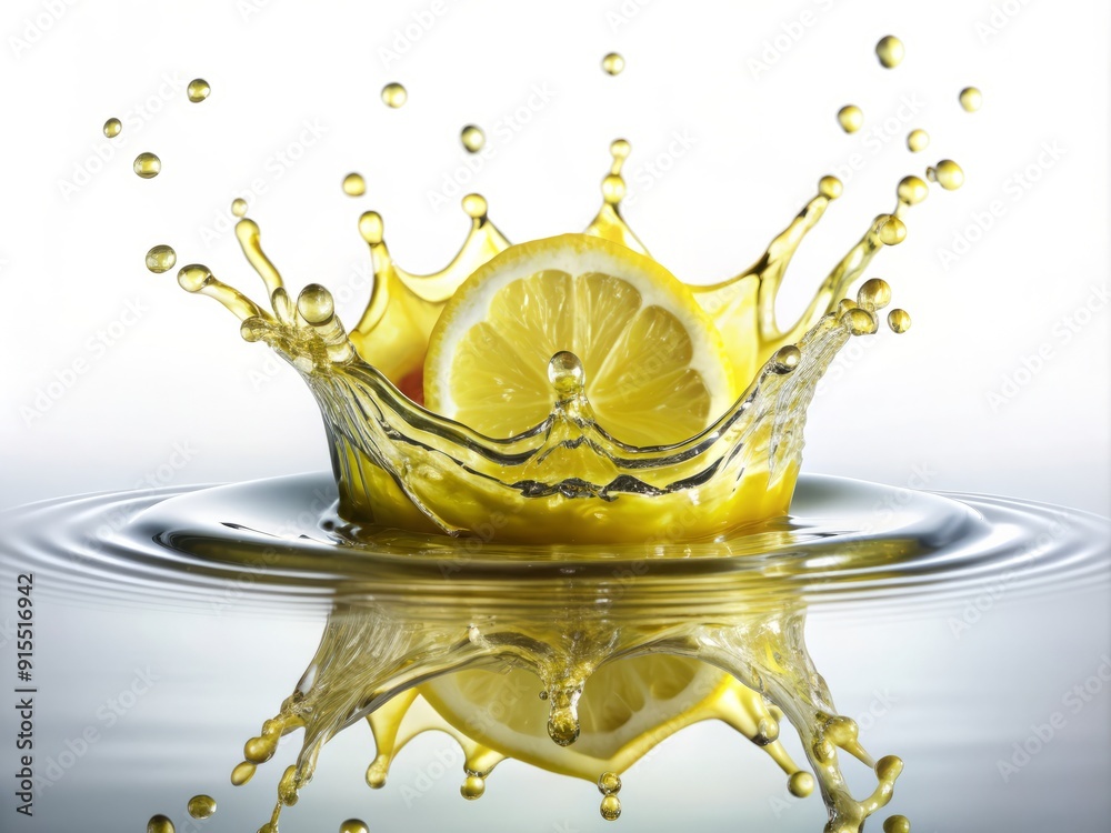 Refreshing droplets of lemon juice explode on a curved surface ...