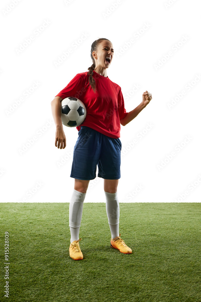Full-length photo of young, female football athlete celebrates game ...