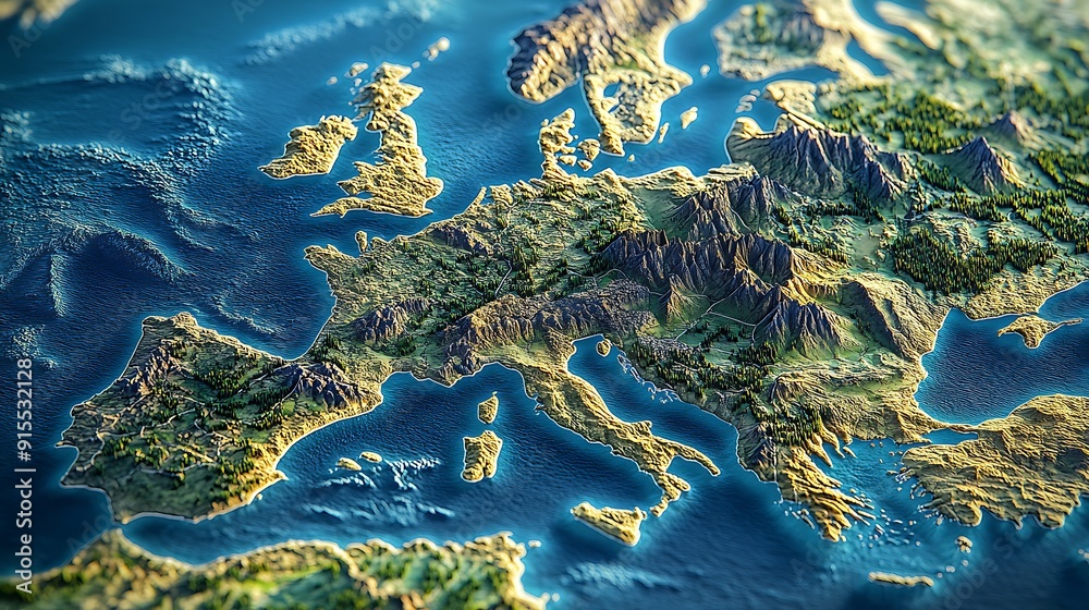 High-Resolution Physical Map of Europe with 3D Elevation Details Stock ...