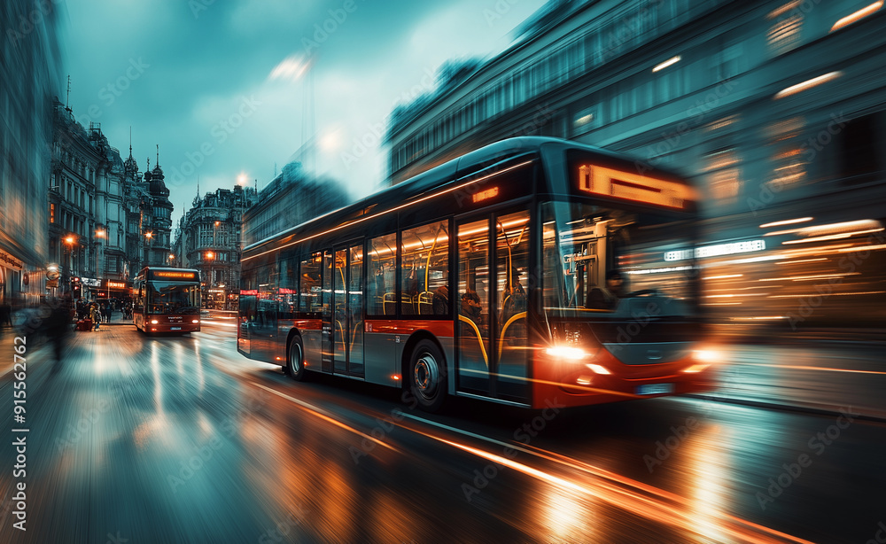 Foto City bus in motion during a rainy evening, captured with motion ...