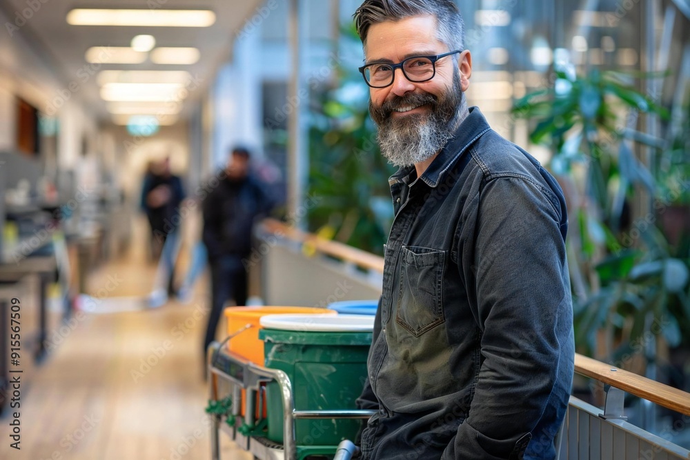 Janitor with a well-groomed beard cleaning wooden floors with a mop and ...