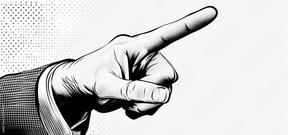 This PNG file features a hand-pointing design with halftones and a ...