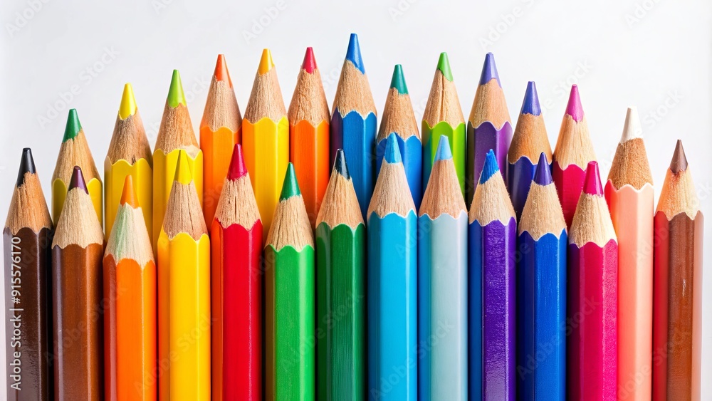 Vibrant colored pencils in varying hues and sizes stand upright on a ...