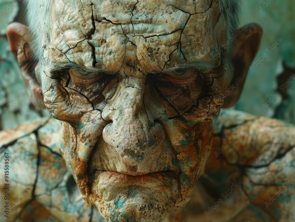 Distressed Elderly Man with Cracked Skin, A Portrait of Torment and ...