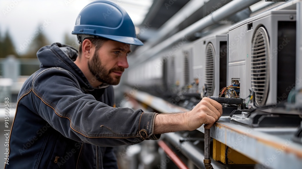 Technician focuses on repairing an air conditioning unit outside ...