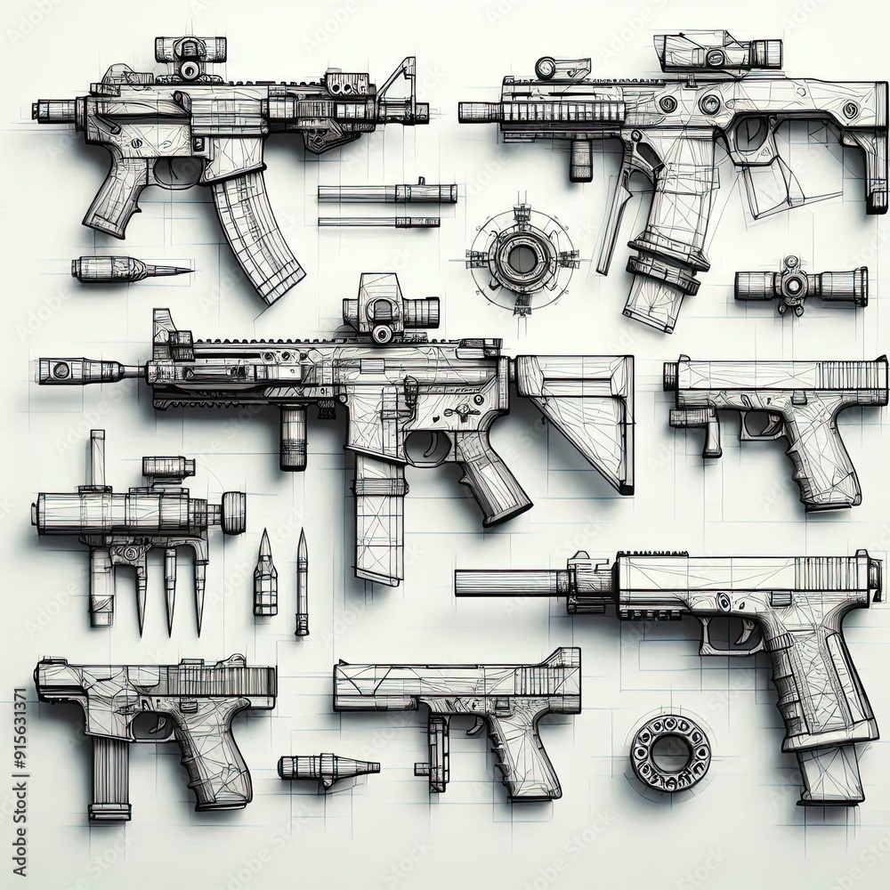 minimal modern and avant garde weapon gun sketches on a white ...