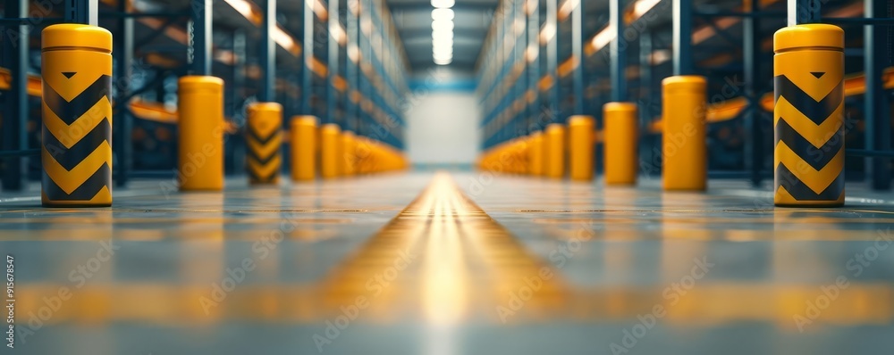 Modern warehouse interior with yellow safety barriers and spacious ...