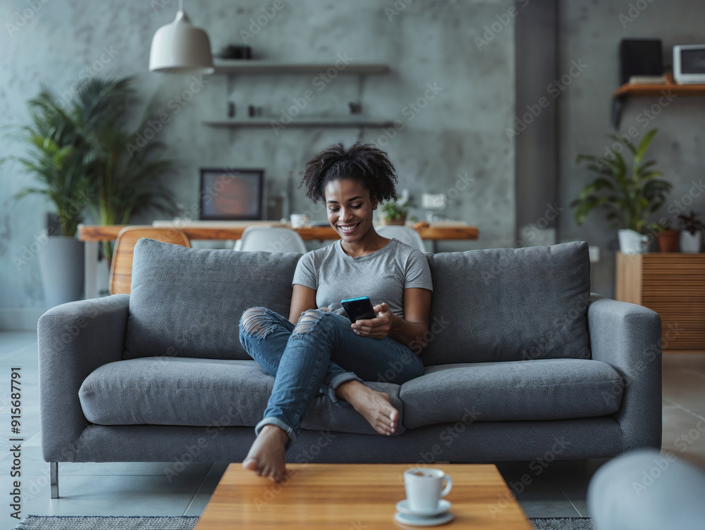 Vida moderna e conectada: pessoa imersa nas redes sociais, utilizando o smartphone no conforto ...