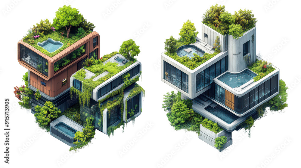 Isometric clean pixel art image of Urban Oasis, greenery, futuristic ...