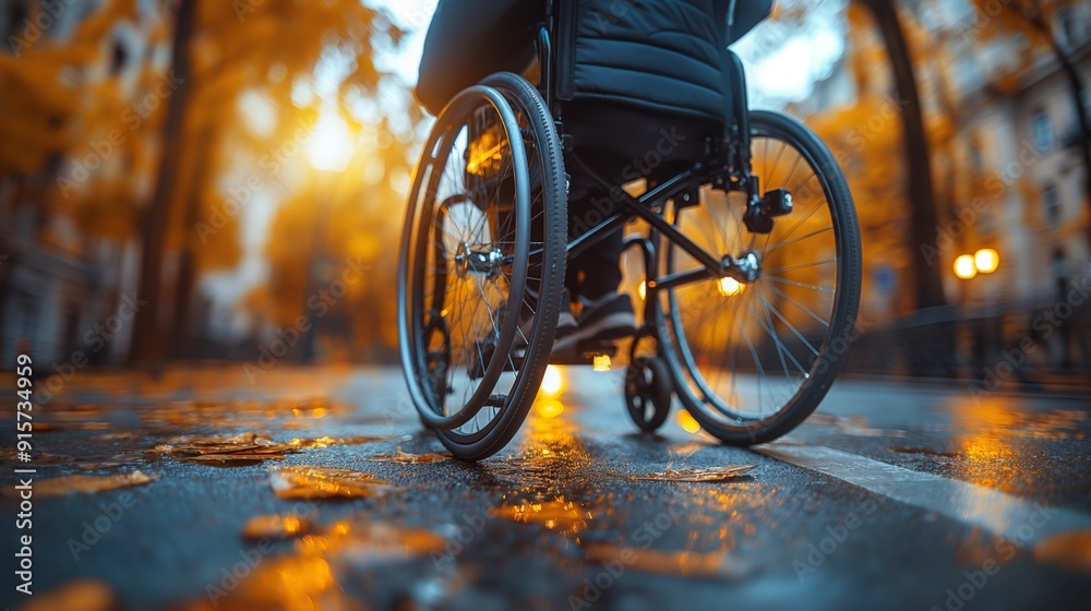 A handicapped person in a wheelchair in autumn, highlighting ...