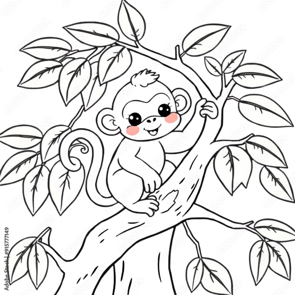 Coloring page outline of a monkey hanging a branch on a tree on an ...