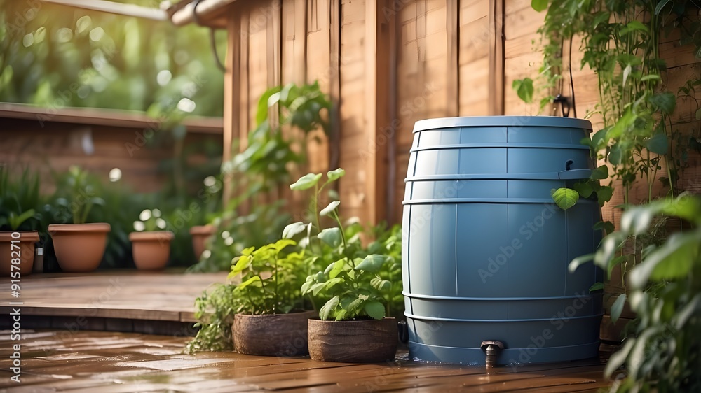 rainwater harvesting system in the garden with barrel, ecological ...