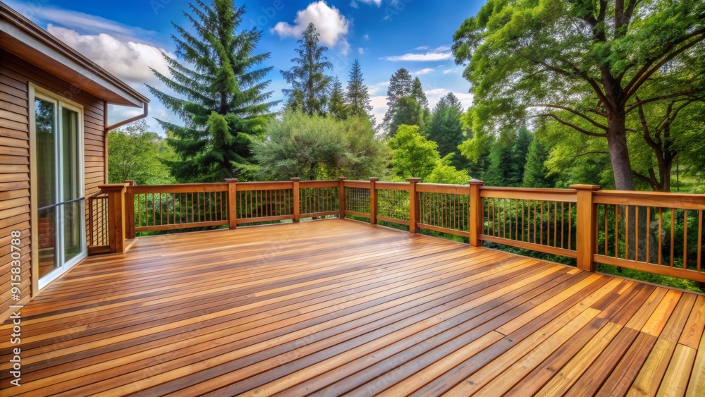Wide-Angle Perspective of a Newly Built Wooden Deck with a View of Lush ...