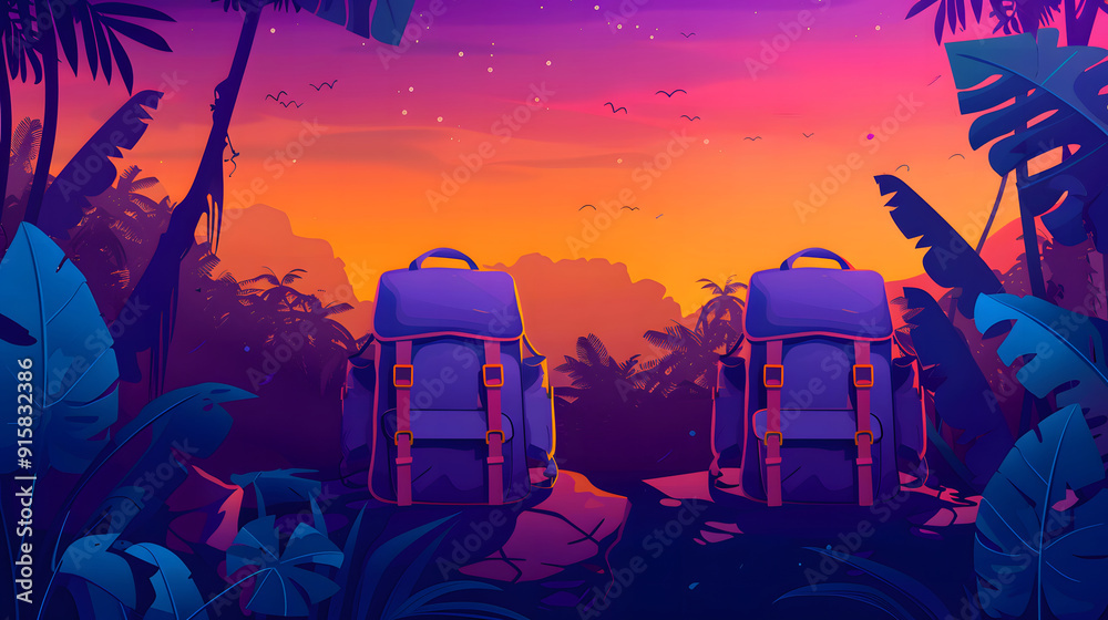 Hiking gear banner background in summer forest two backpacks and trek ...