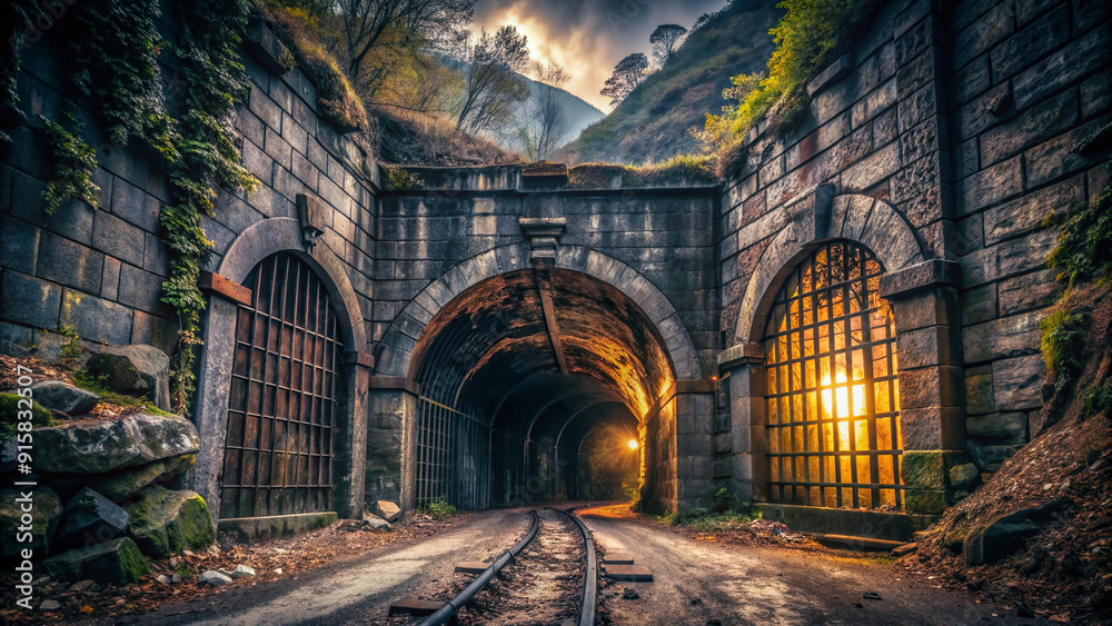 Ominous and eerie, a dark and foreboding abandoned tunnel beckons with ...