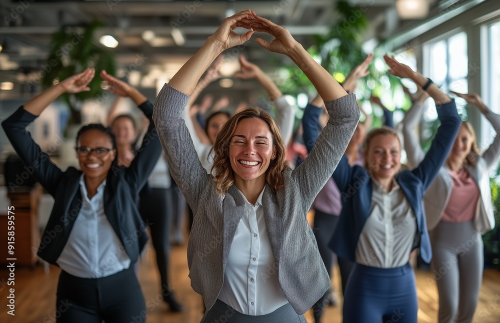 Office workers from different backgrounds engaged in group stretching ...