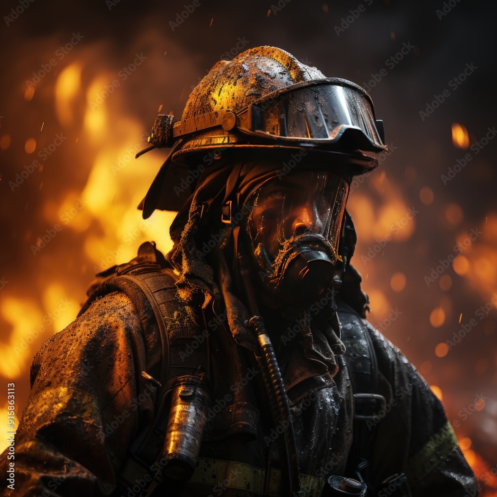 Fire rescuer in a helmet portrait. Portrait of a spatler in smoke and ...