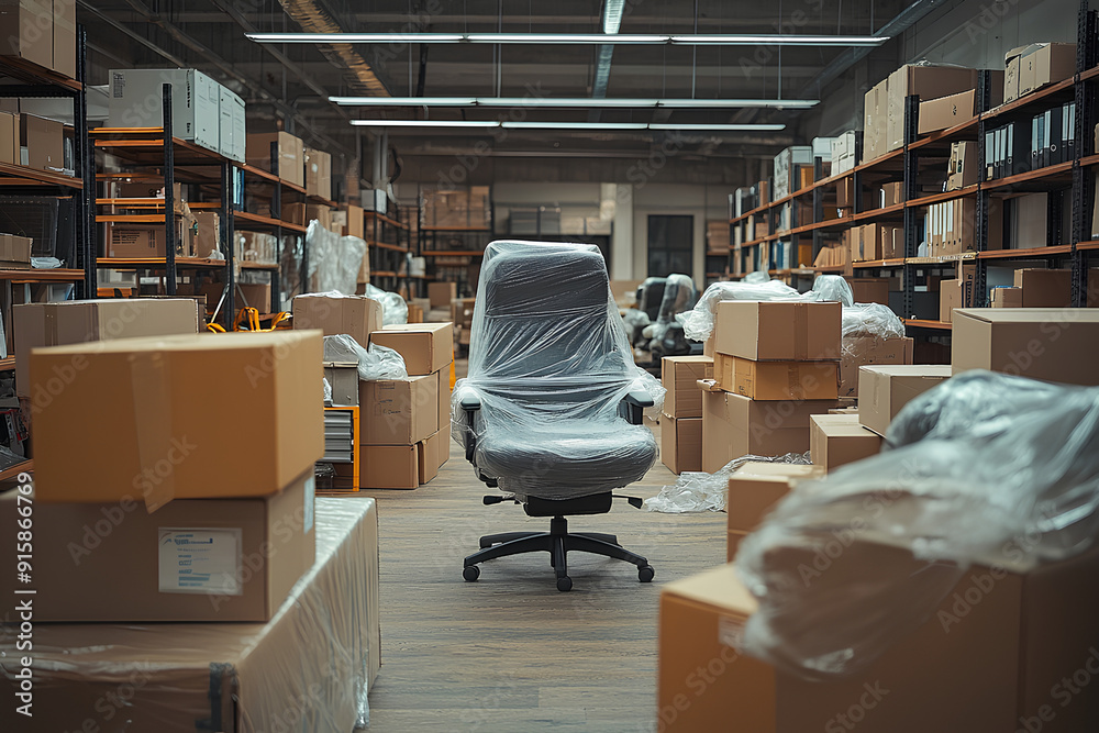 Professional office interior cluttered with moving boxes, wrapped ...