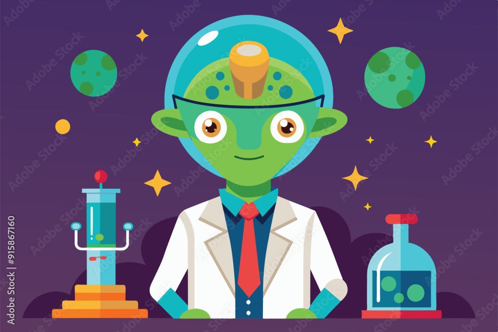 An alien scientist in a lab coat performs experiments with beakers and ...