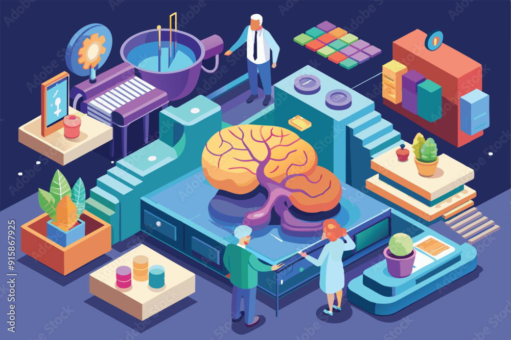 Researchers collaborate in a colorful lab, exploring Alzheimer’s ...
