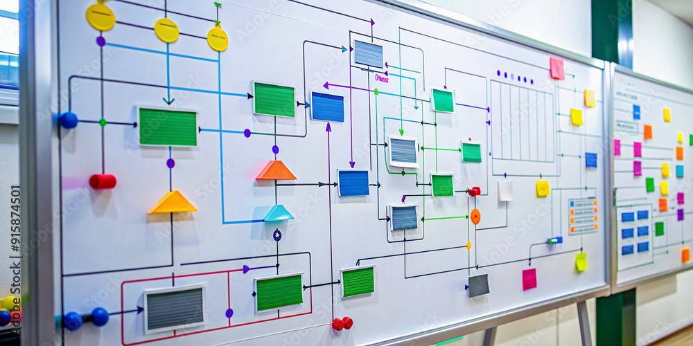 Colorful UML diagrams on a whiteboard, illustrating various software ...