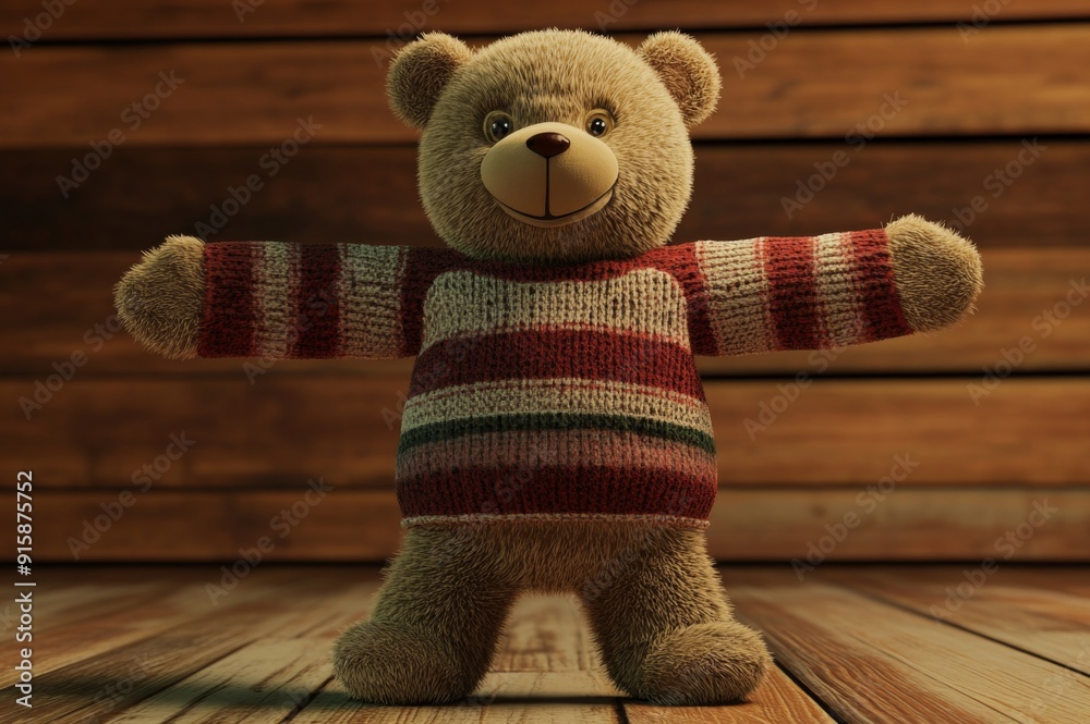 Adorable Animated Teddy Bear in a Striped Sweater, Arms Outstretched ...