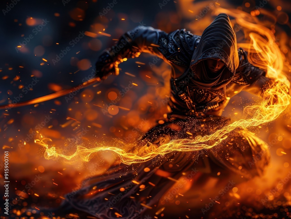 Legendary fighter depicted in an epic battle pose with flowing garments and dynamic background ...