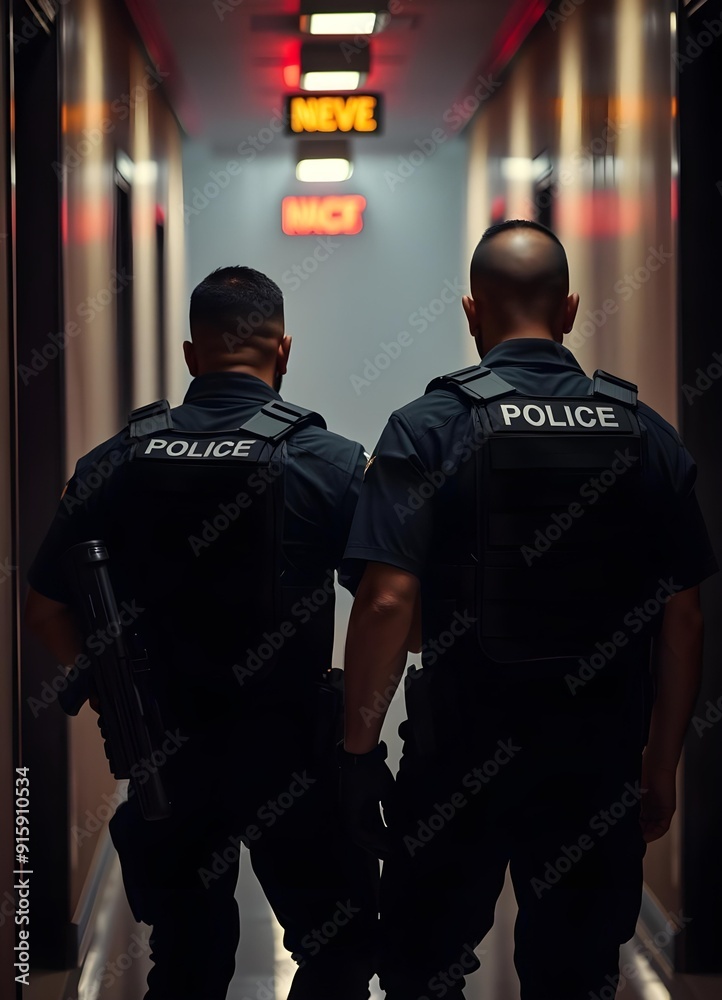 Two police officers in tactical gear walking down a dimly lit hallway ...