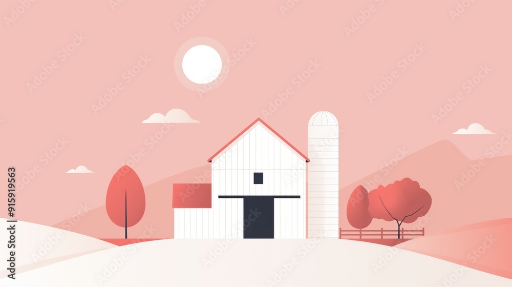 2D illustration of a barn with silo with basic shapes on a neutral ...