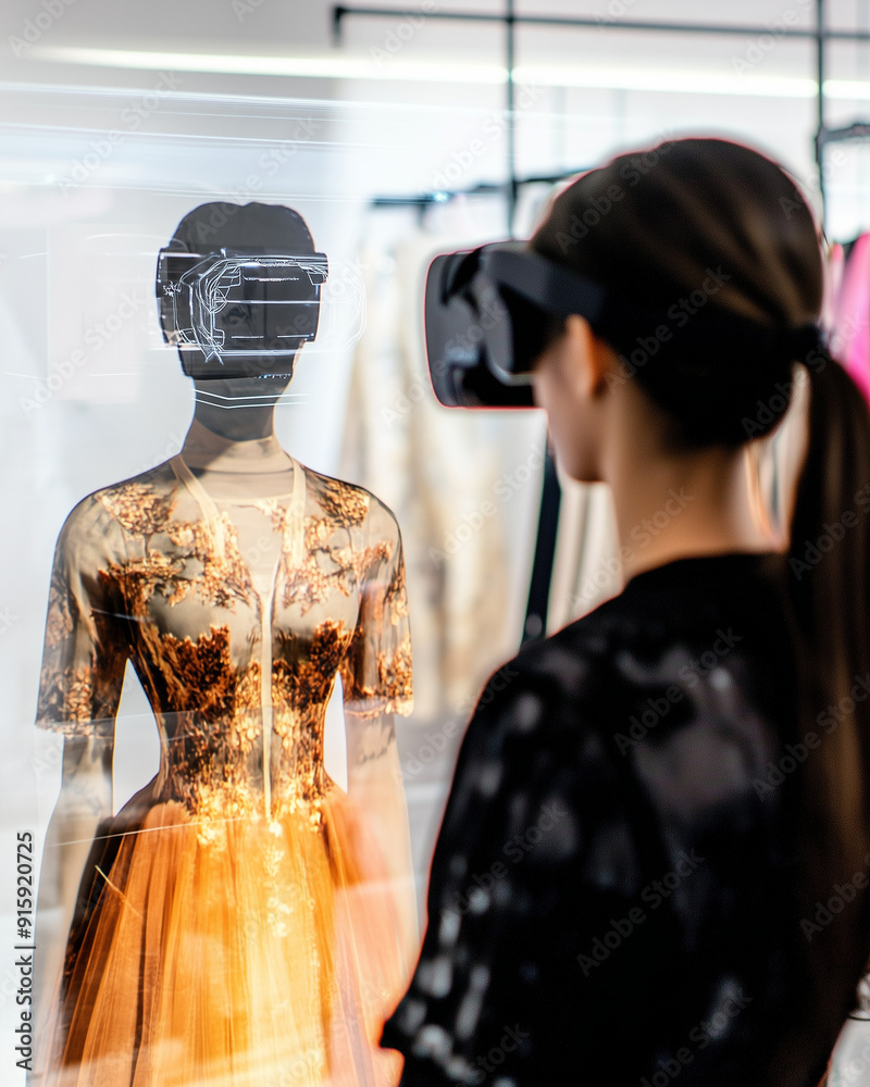 Fashion designer using augmented reality to visualize and modify clothing designs in a virtual ...