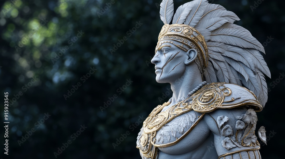 Aztec Warrior with Elaborate Feathered Headdress and Ornate Gold Armor, Representing Strength ...