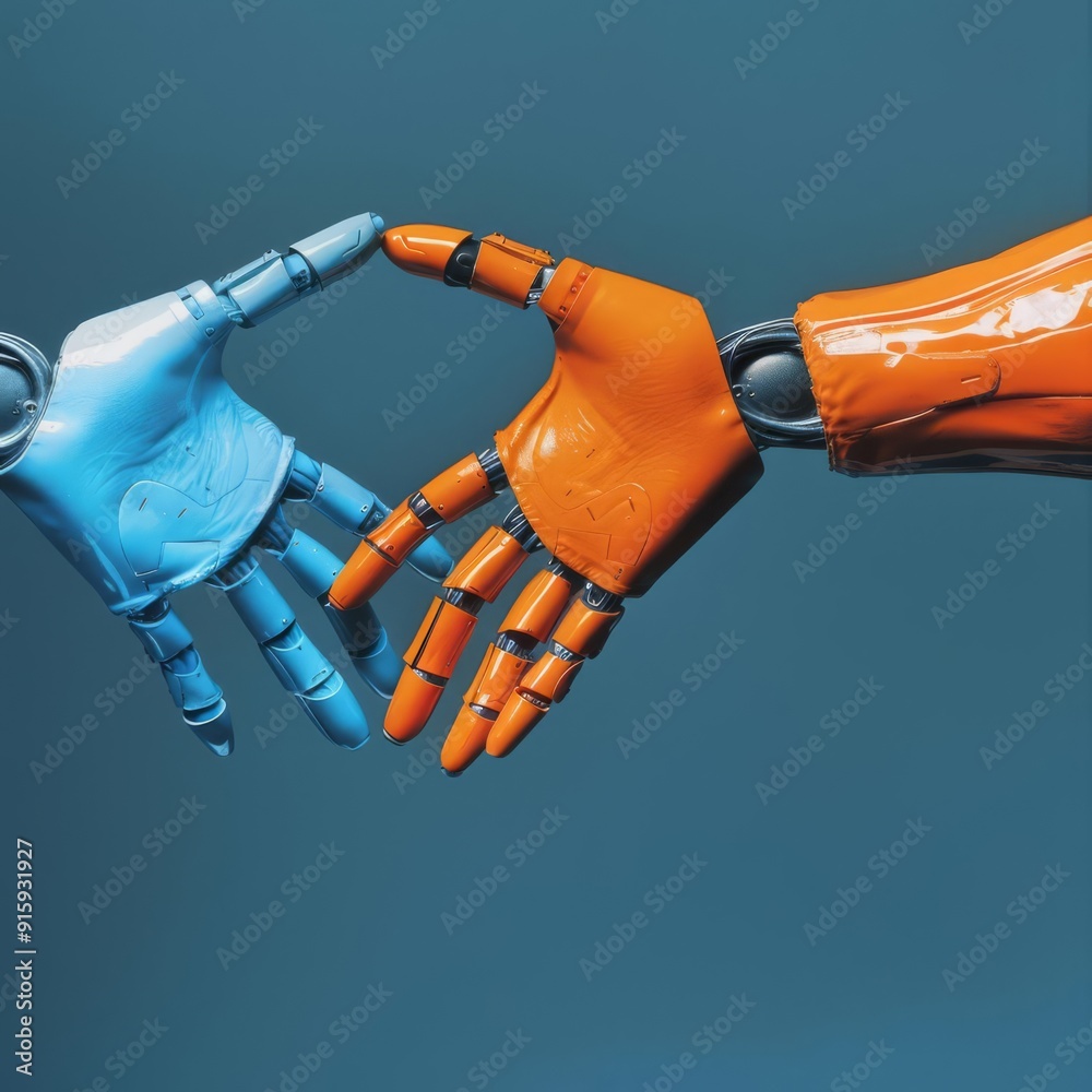 Top view of two robotic hands, one offering help blue and the other ...