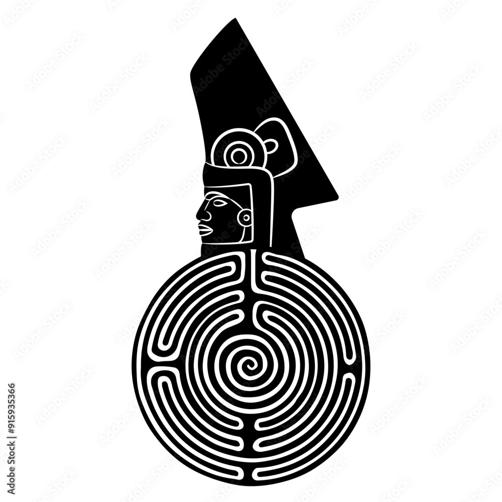 Indian Warrior in a helmet on a round spiral maze or labyrinth symbol ...