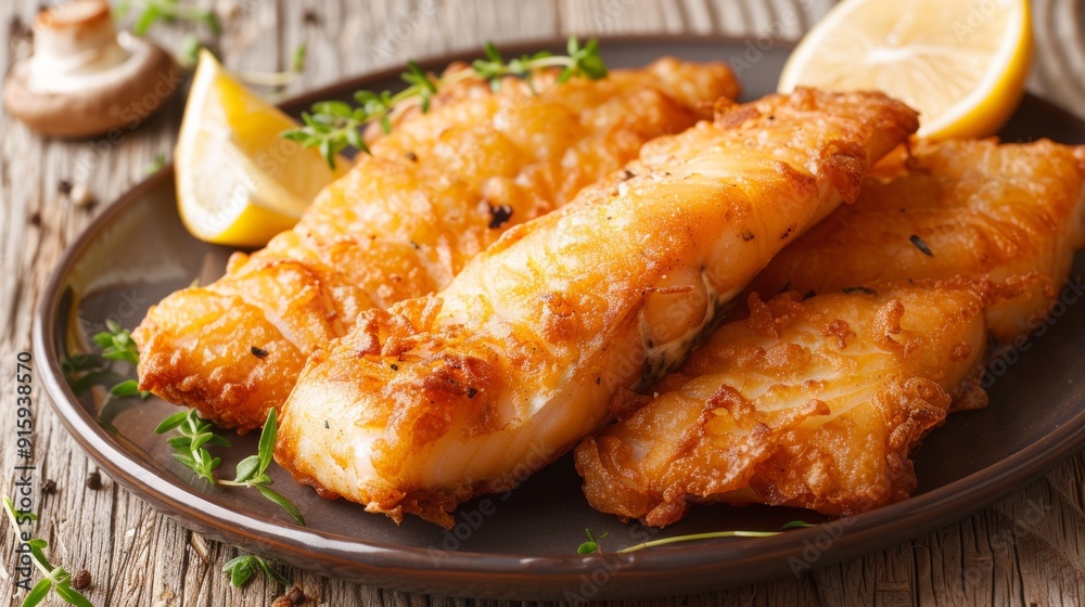 The national cuisine of Canada. Fried fish in shredded potato or rice ...