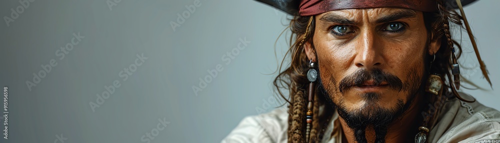 Pirate with dreadlocks and a tricorn hat, crossing arms, friendly ...