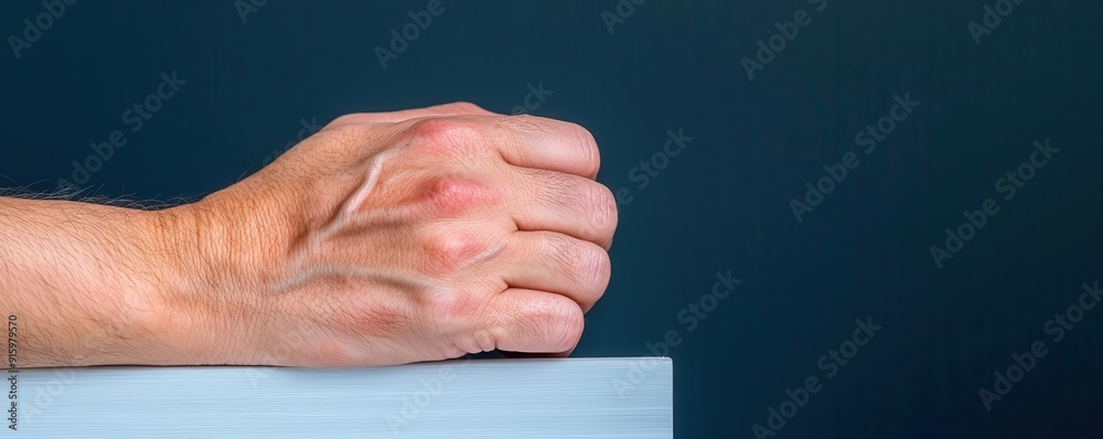 Close-up of hand gripping edge of table, veins bulging, fingers tense ...