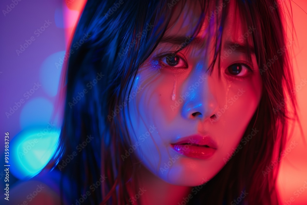 Tears fall from beautiful korean girl's eyes conveying deep sadness ...