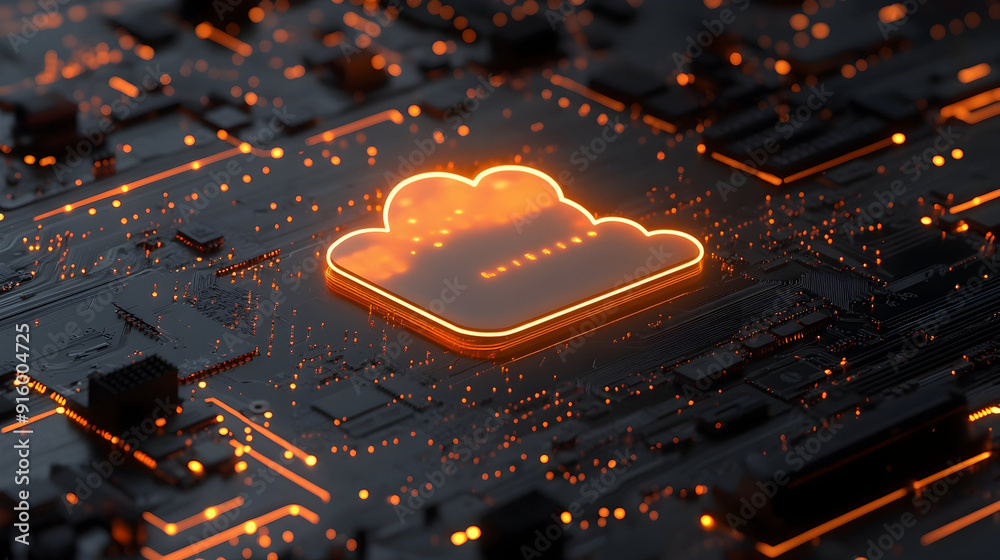 . Orange Neon Data flows between Users and the CPU across a Futuristic ...