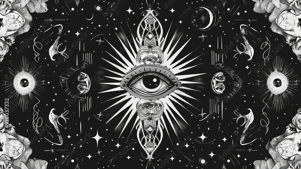 mystical occult design mysterious magic symbols crescent moon rays of ...