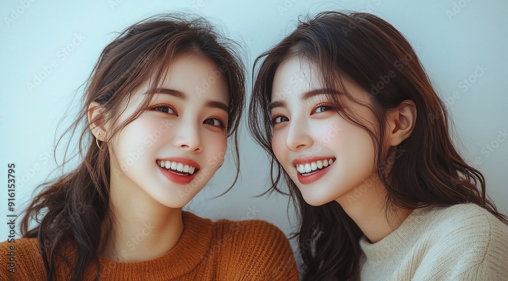 Two beautiful young k-pop idol style korean women chatting and laughing ...