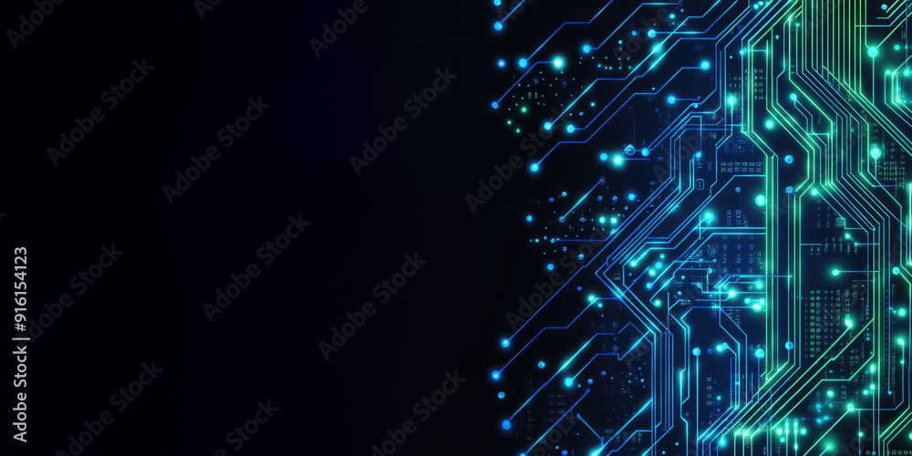 Glowing Futuristic Circuit Board Backdrop in Blue and Green with Copy ...