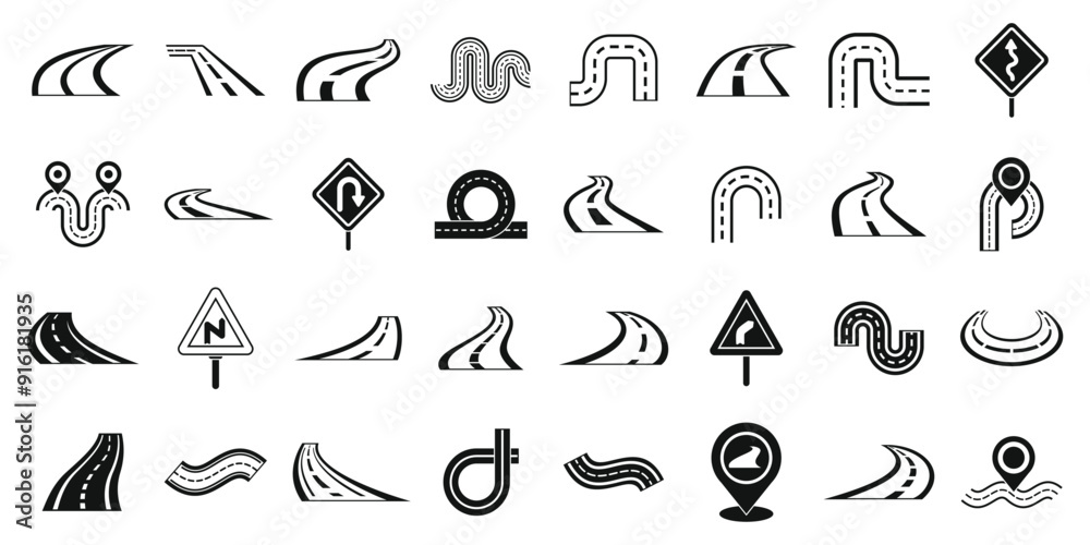 Winding road icons set. Collection of road signs representing various ...