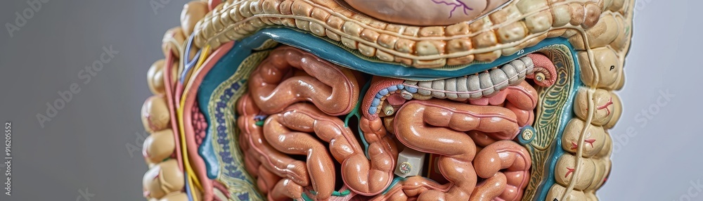Detailed anatomical model of the human digestive system showing ...