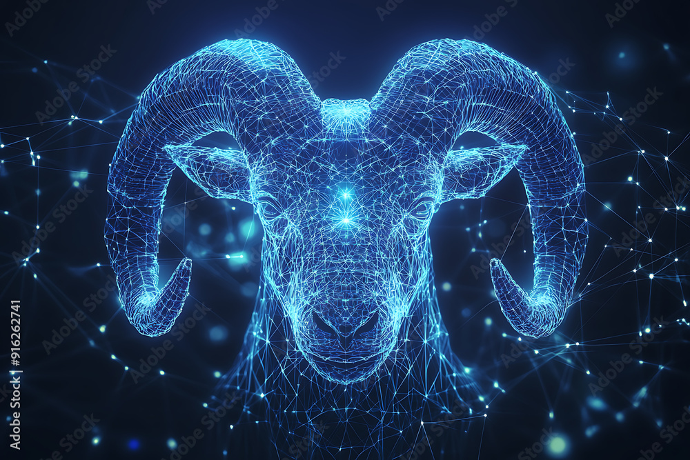 Digital wireframe polygon of the Aries zodiac sign, showcasing the ...