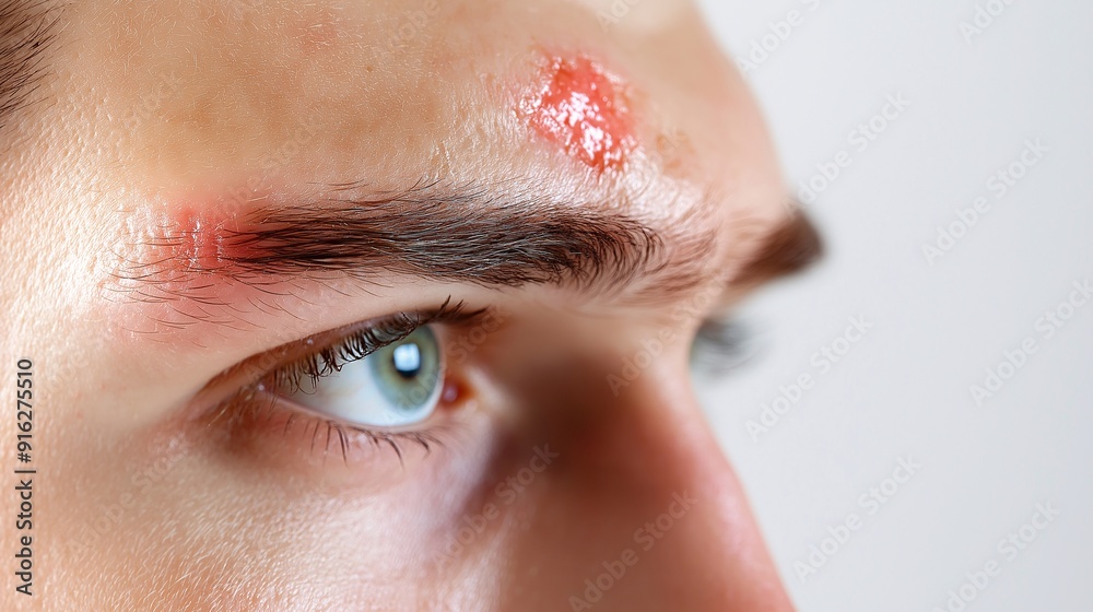 Red rash on the forehead, itchy and swollen, against a white background ...