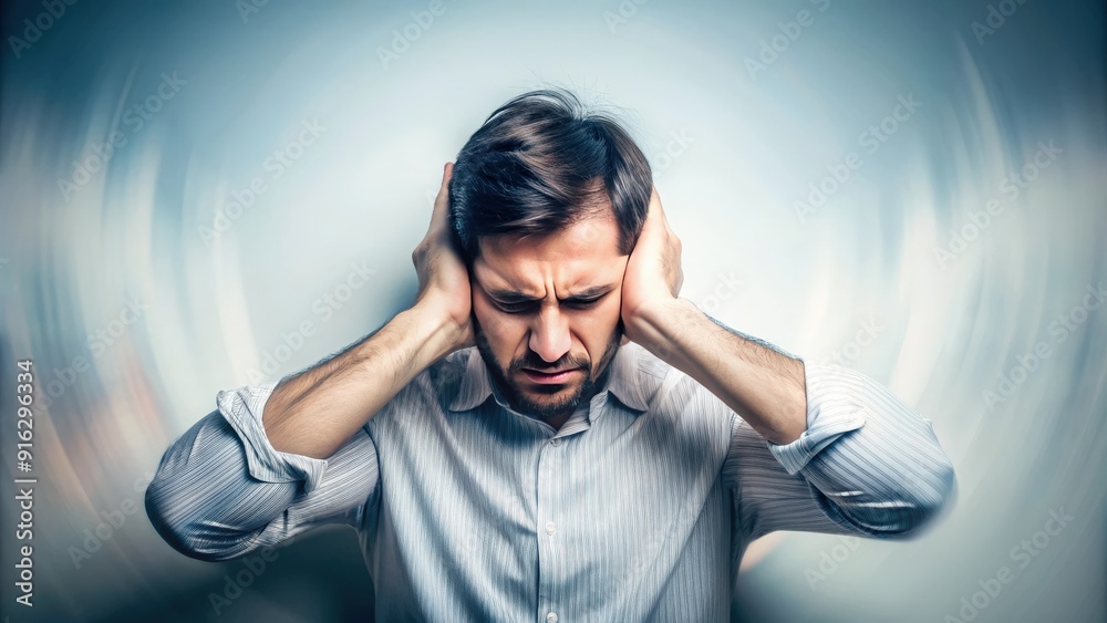 Blurry image of a person holding their ears in pain as a loud noise ...