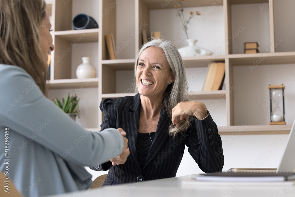 Happy elder businesswoman giving handshake to younger female partner ...