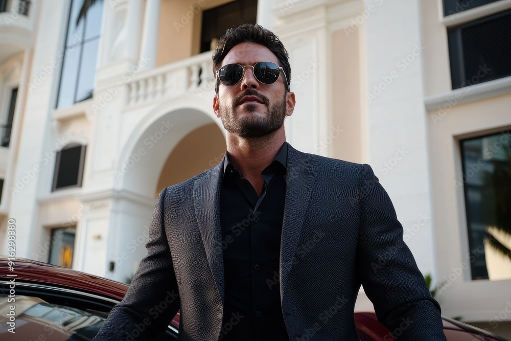 Elegant Businessman Exiting Luxury Sports Car at Five-Star Hotel ...