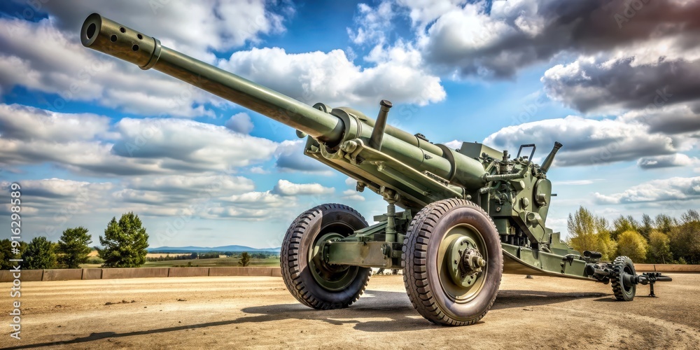 American howitzer standing ready on battlefield, military, weapon ...